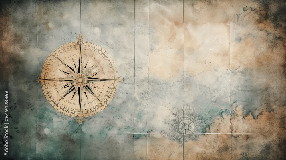 Ancient old compass on the vintage map background. Adventure, discovery ...