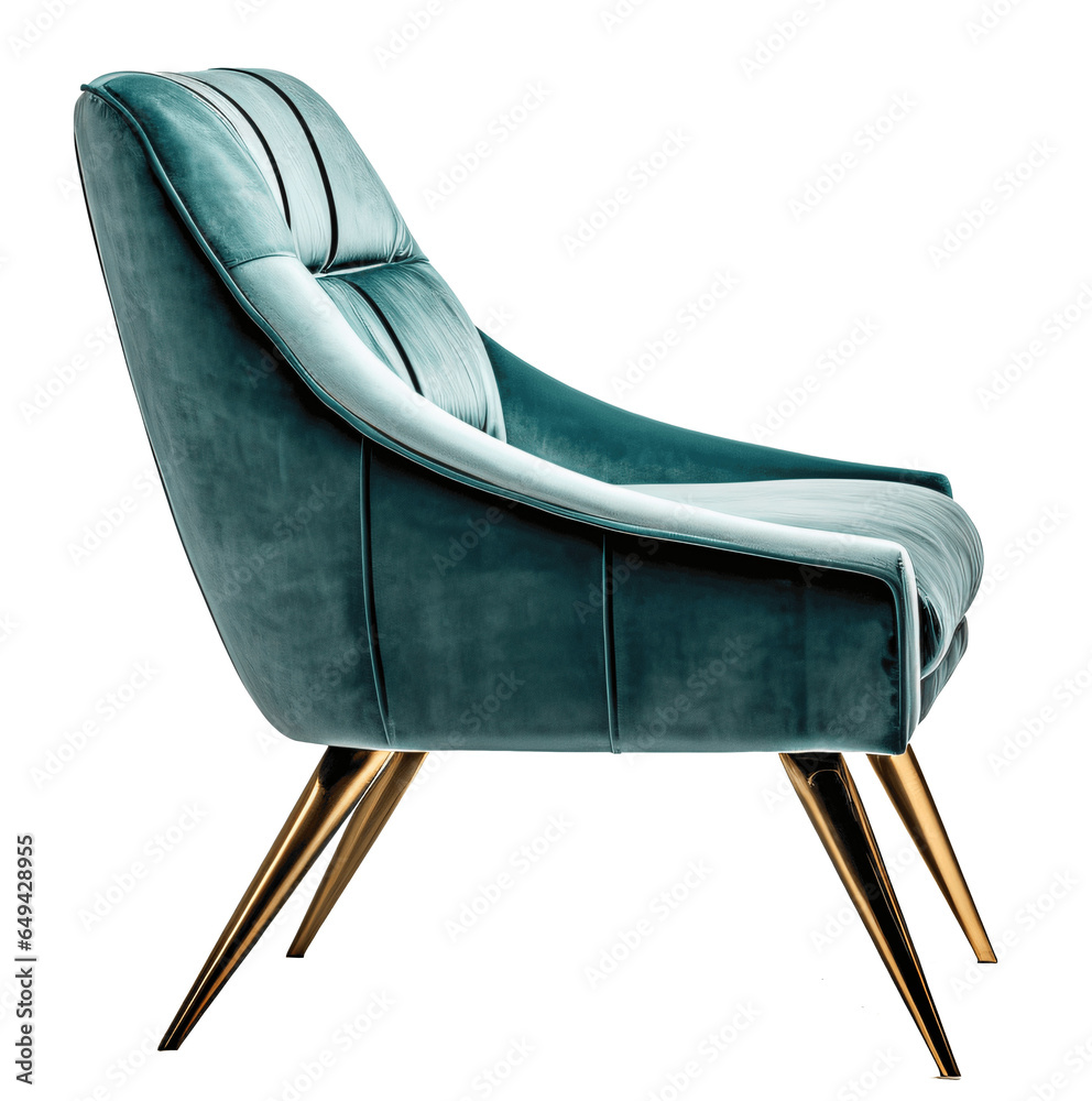 Side view, Green velvet chair isolated on the transparent background ...