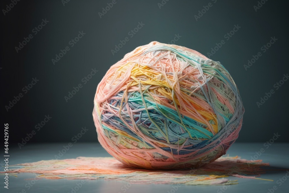 Playful artwork depicting a floating yarn ball with soft pastel shades ...