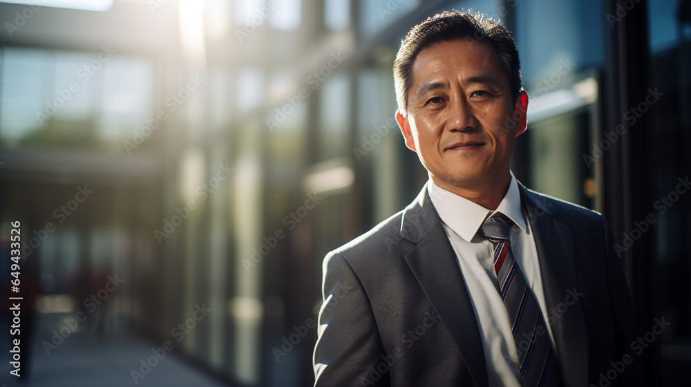 a driven Chinese man stands outside a modern office complex, a ...