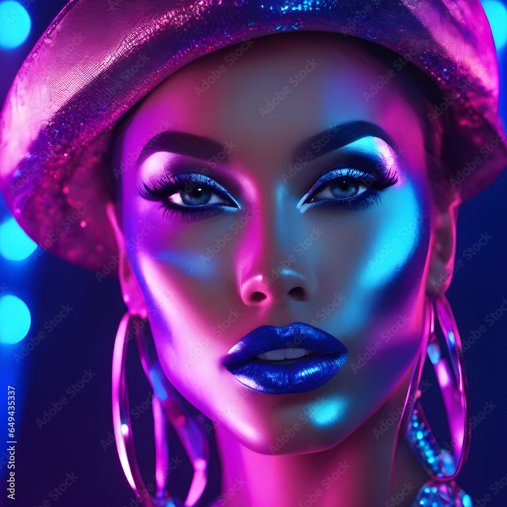 High Fashion Model With Metallic Silver Lips And Bright Neon Color Makeup Bright Colorful
