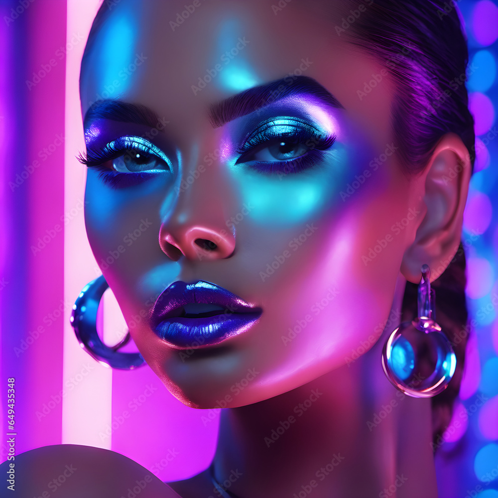 high fashion model with metallic silver lips and bright neon color ...
