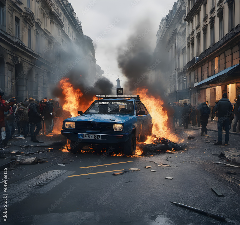 Riots, protests in the city. A burning car on a city street, smoke and ...