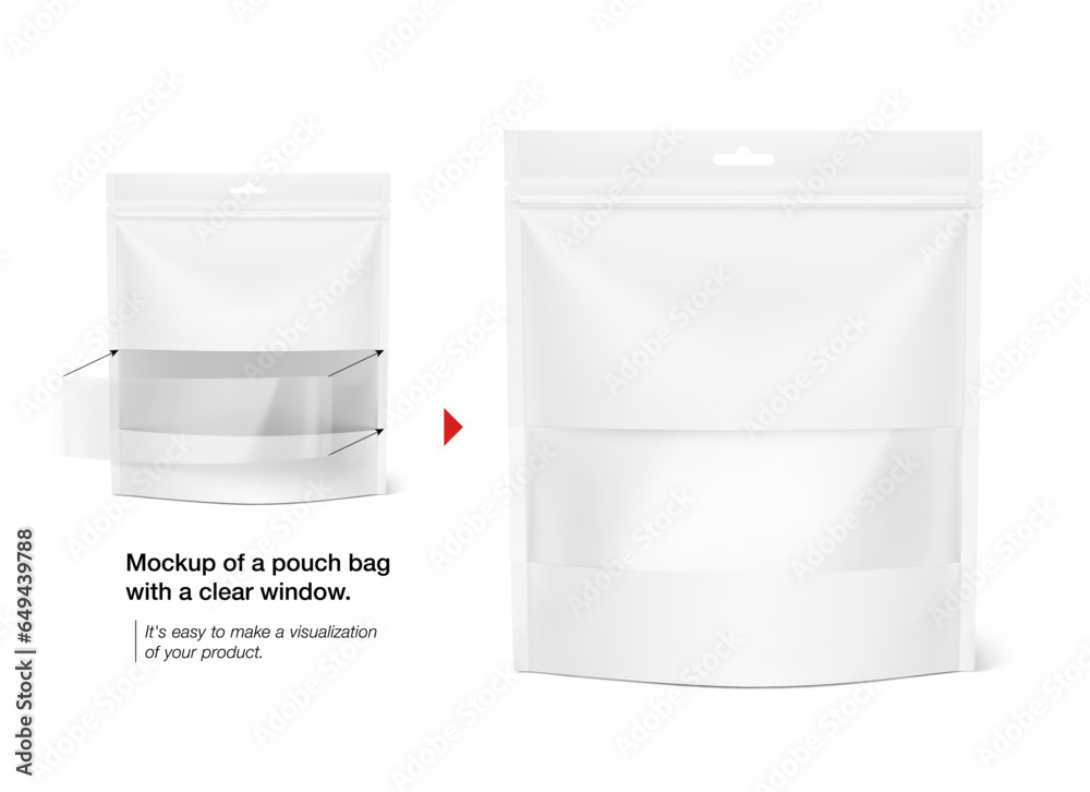 Mockup of a pouch bag with a clear view. With the transparent window ...