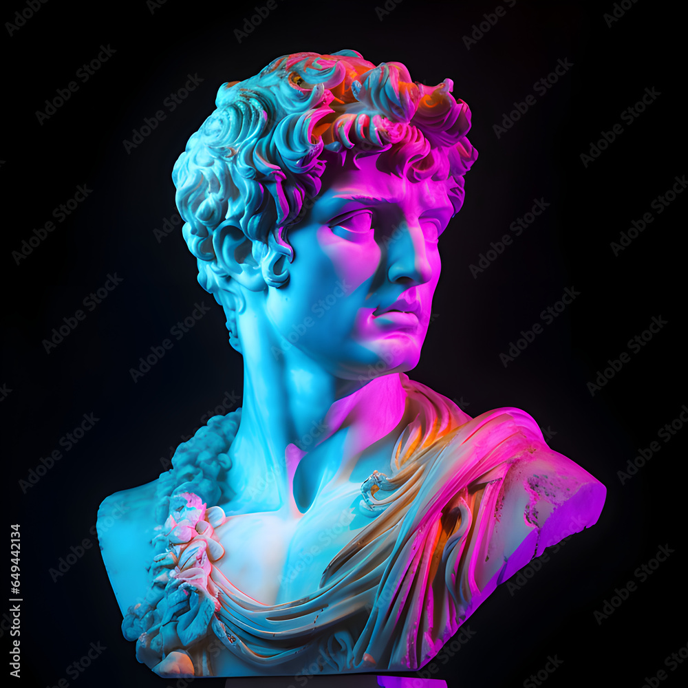 Statue neon. Gypsum sculpture of men's head on black background ...