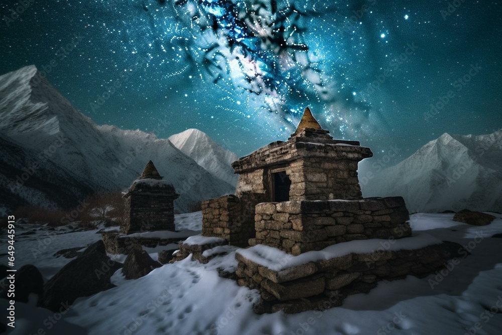 Image of ancient Hindu temple in snowy Himalayas under Milky Way ...
