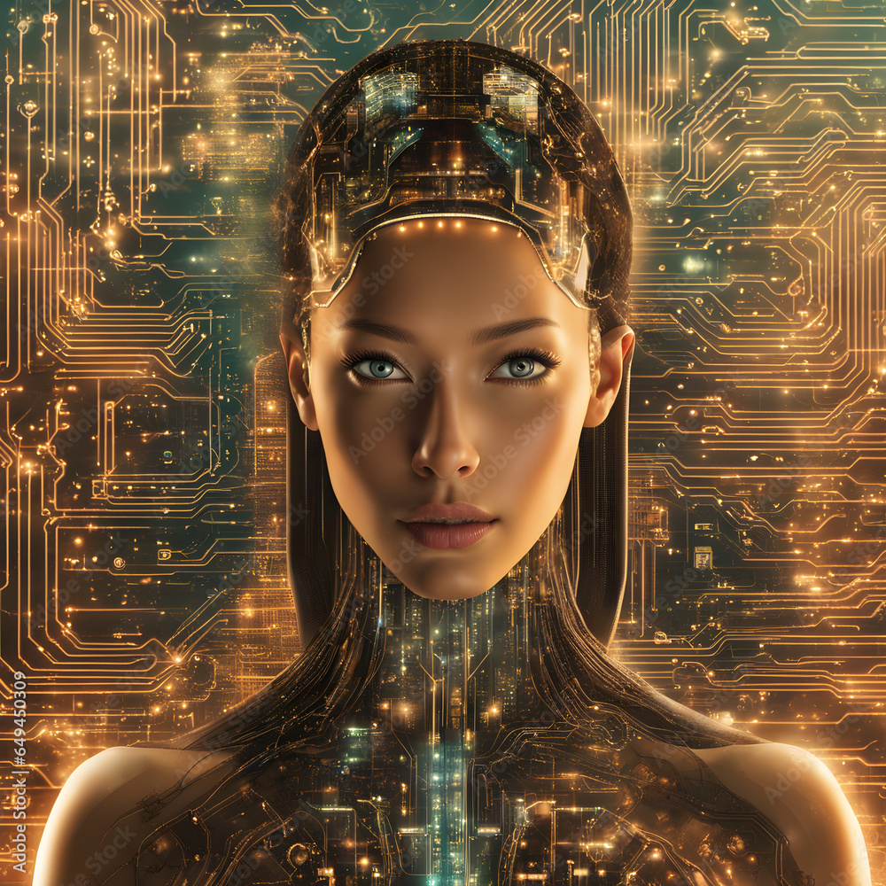 AI woman cyborg faces on a technological background with graph, numbers ...
