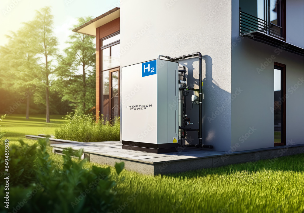 Hydrogen fuel cell power generator near residential house, clean energy ...