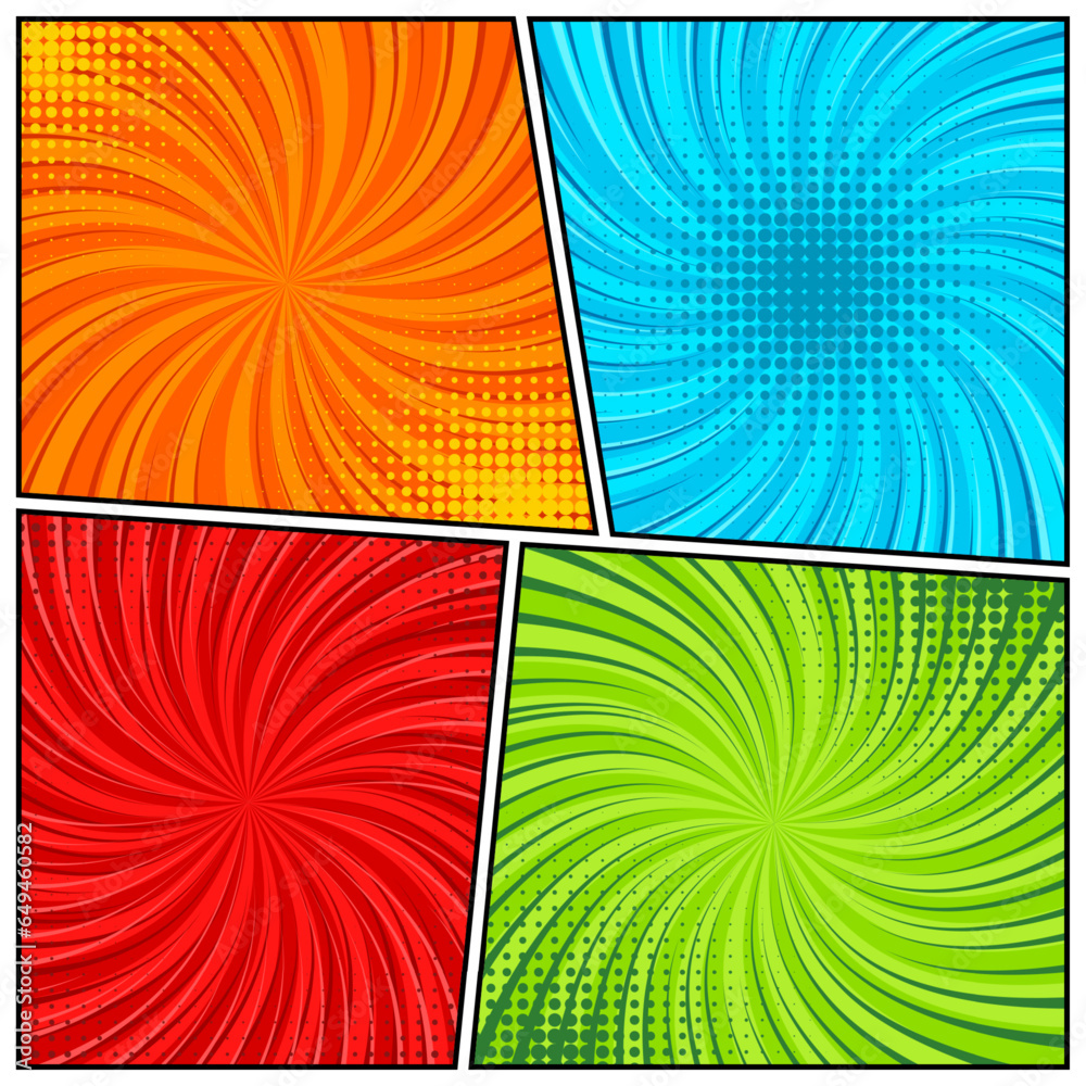 Colorful twisted comic book radial rays, lines. Comics background with ...