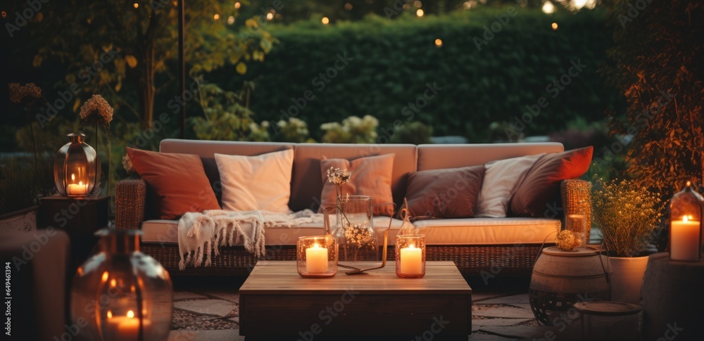 Autumn terrace with couch and candles in the fall garden Stock Photo ...