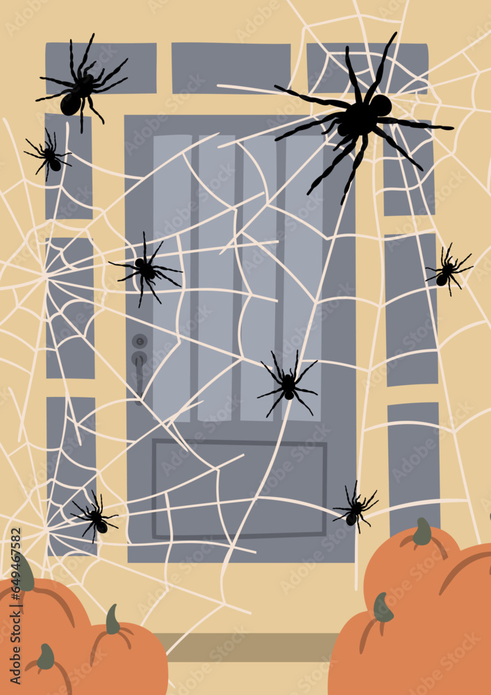 Halloween scene clipart, Spooky decorated door vector illustration ...