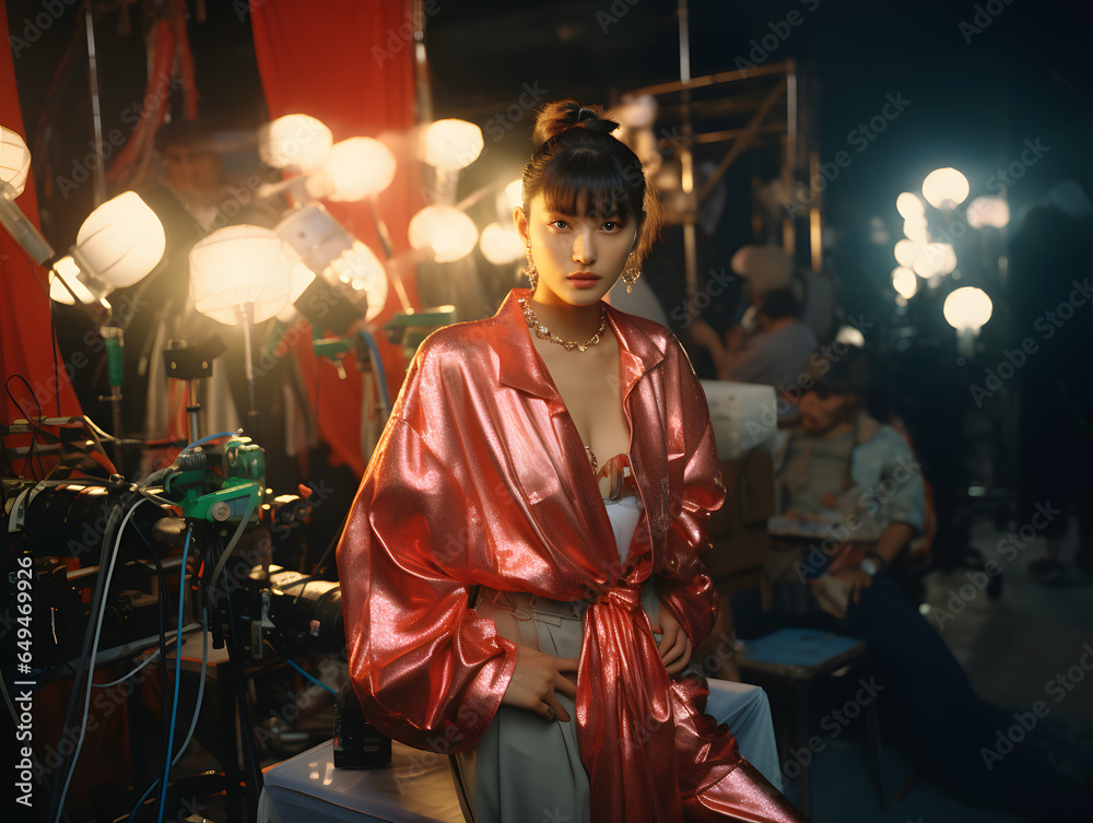 Fashion icon in a 90s studio wearing a couture ensemble surrounded by ...