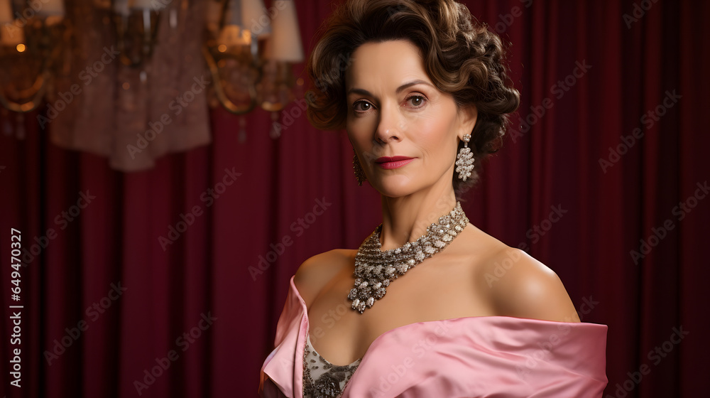 Philanthropist at a 90s charity ball wearing vintage jewelry and gown ...