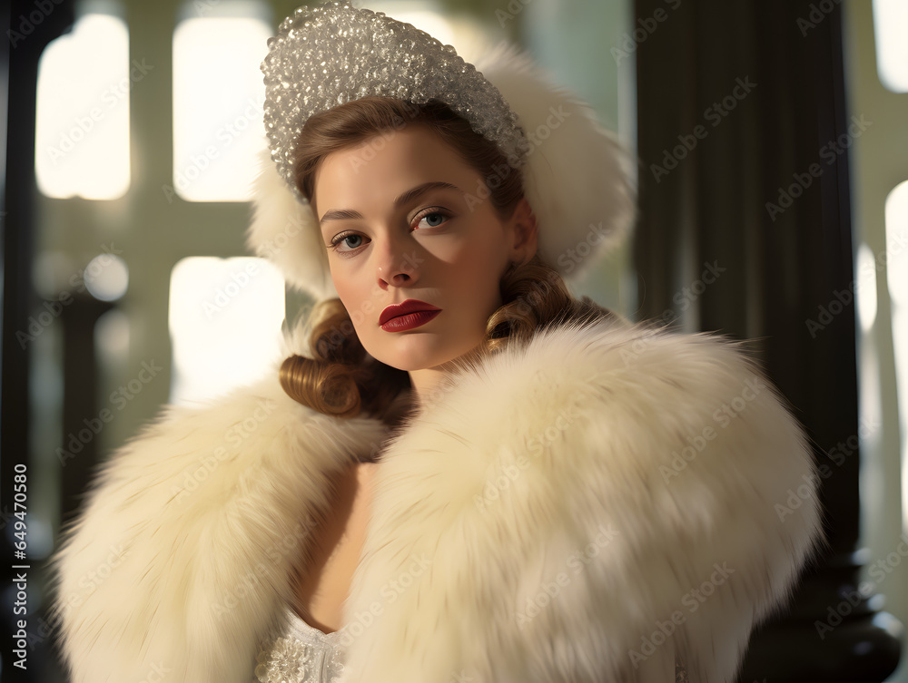 Socialite in a fur coat attending a winter gala 90s elegance on full ...