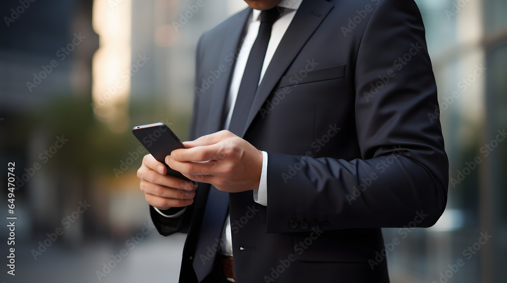 Successful businessman in a power suit using a 90s-era mobile phone ...