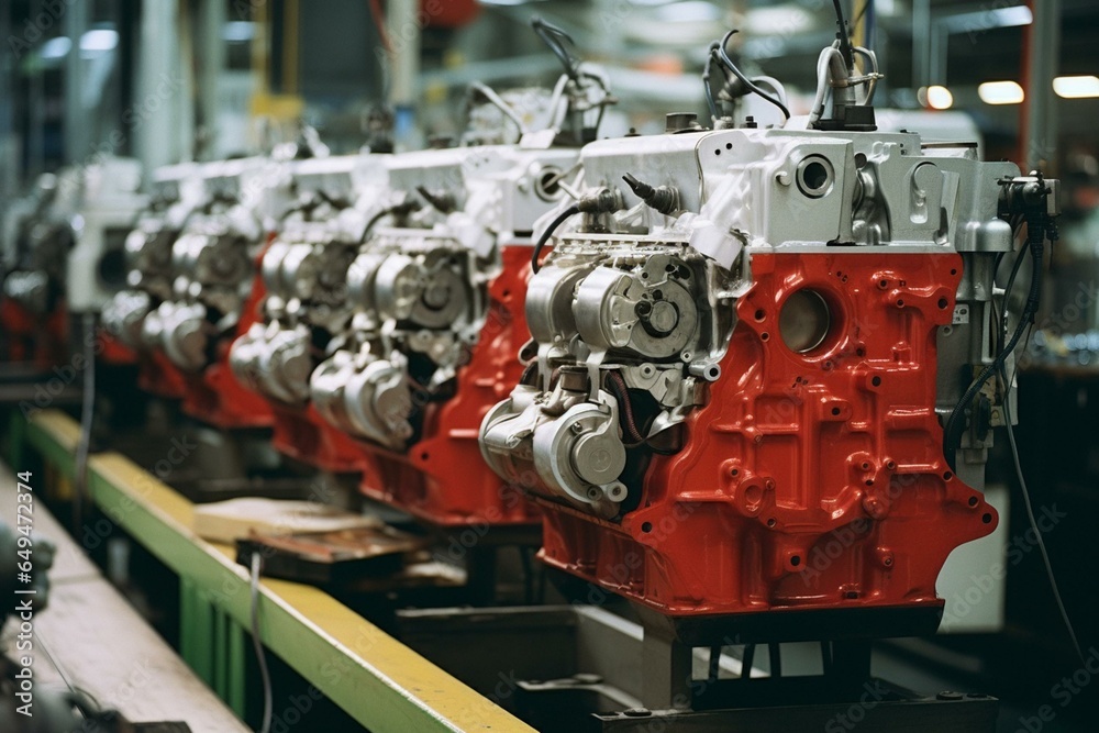 Workshop assembly line with engine cylinder heads in housings on ...