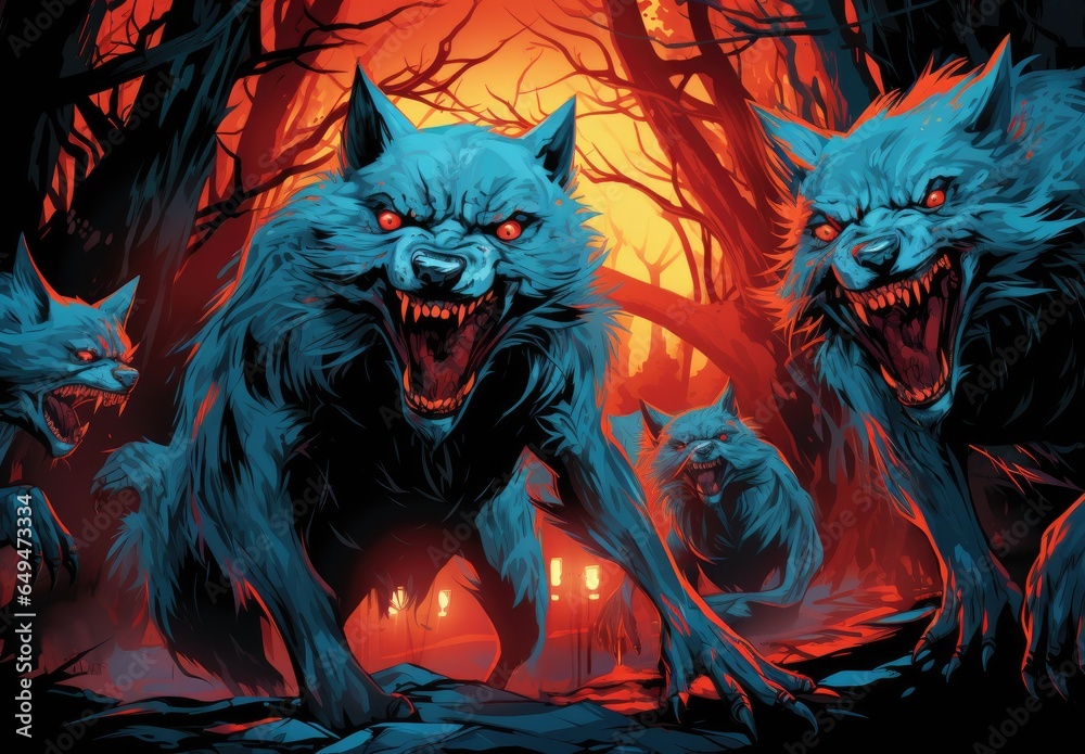 Aggressive alpha black wolf with red eyes. Pack of wild wolves. His ...