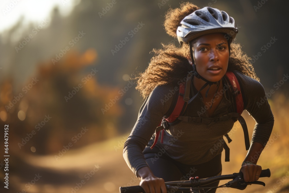 black woman riding a mountain bike rally fast in the countryside. Stock ...