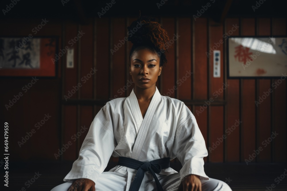 black woman wearing a karate kimono sitting in a tatami in a dojo ...
