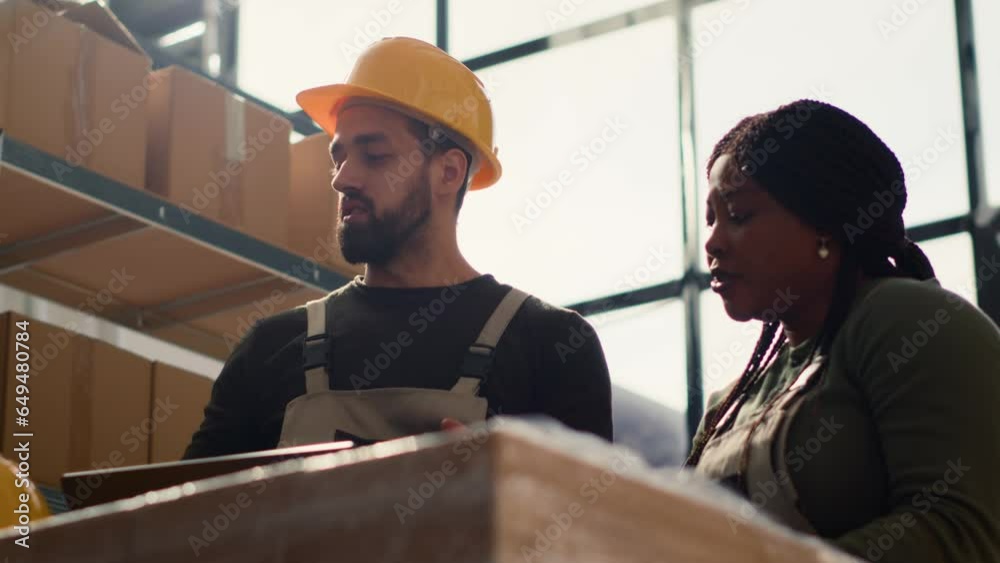 Warehouse team leader doing introduction training to new intern ...