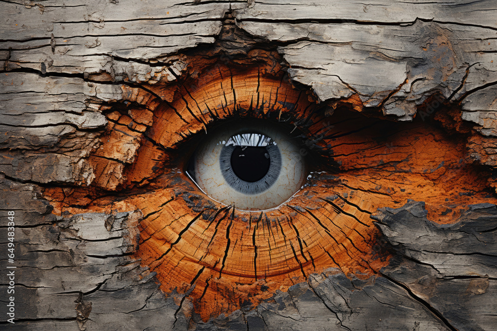 Eye in the hole: Beneath peeled bark, a large eye emerges from a deep ...