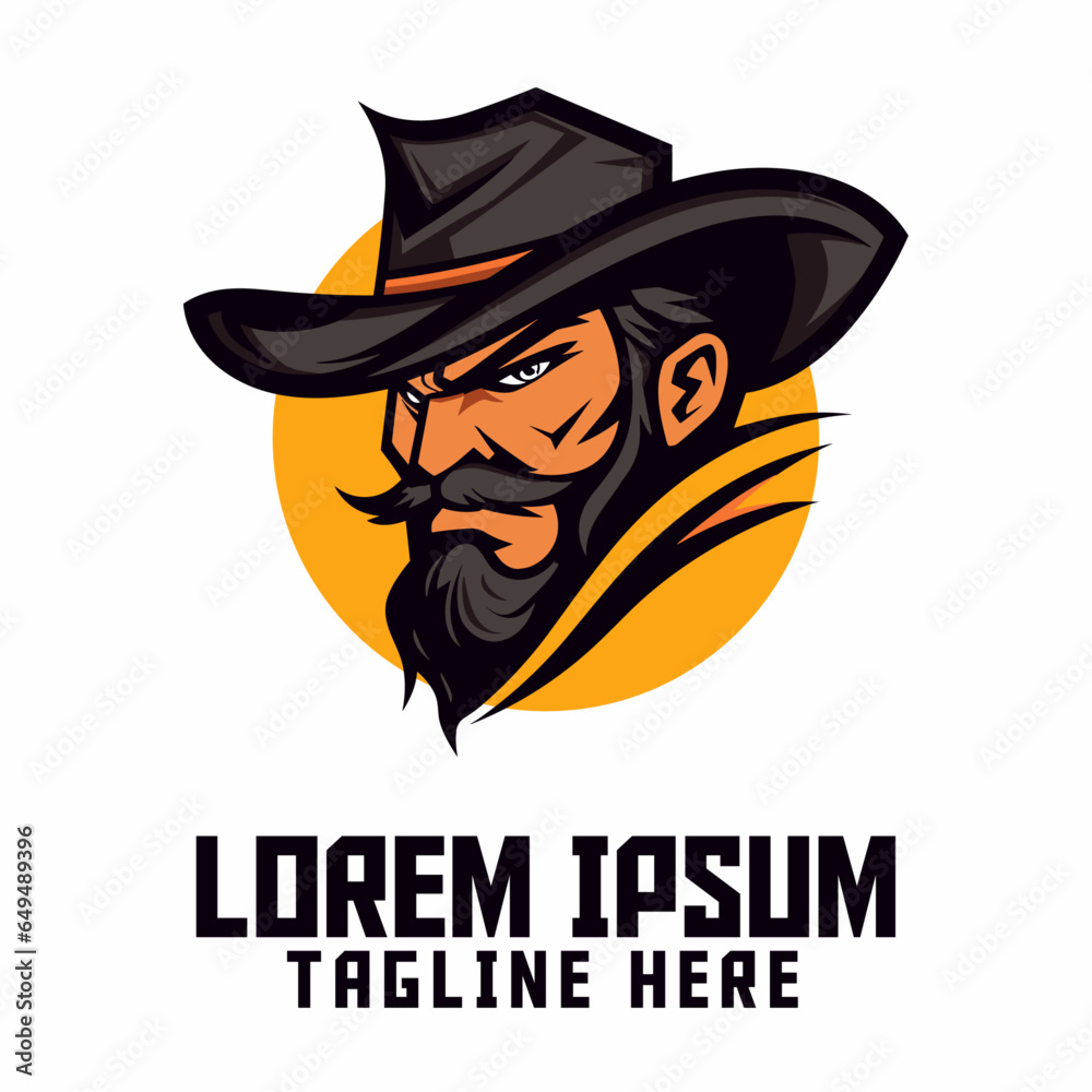 Bandit Mascot Head Logo, Cowboy with Hat Icon Badge Emblem, Wild West ...