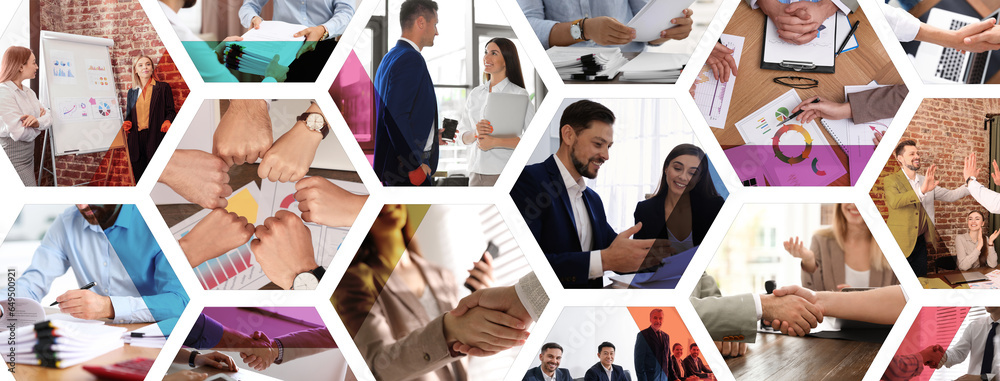 Partner, collaboration. Collage with photos of businesspeople, banner ...