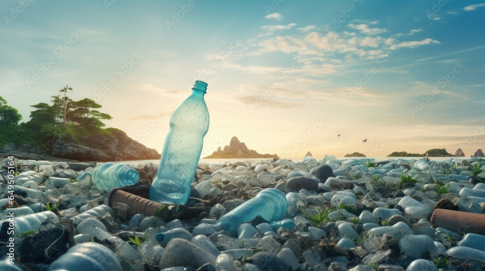 Save ocean. trash garbage at the beach and plastic bottles are ...