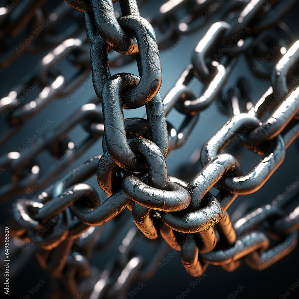 Abstract metal chain made of thick links on blurred background, macro ...