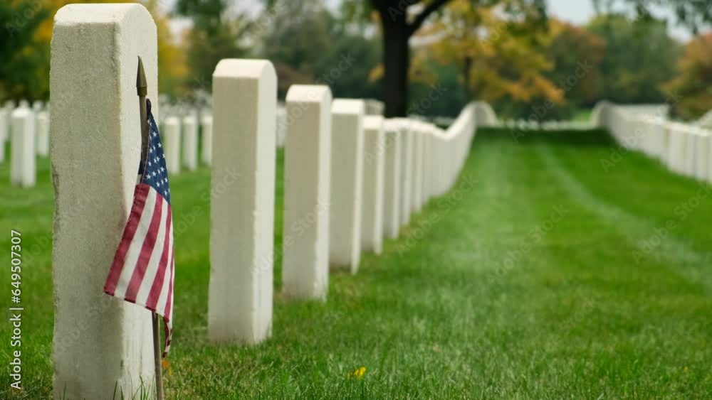Field of American flags at Sunset. Flags on grave stones for memorial ...