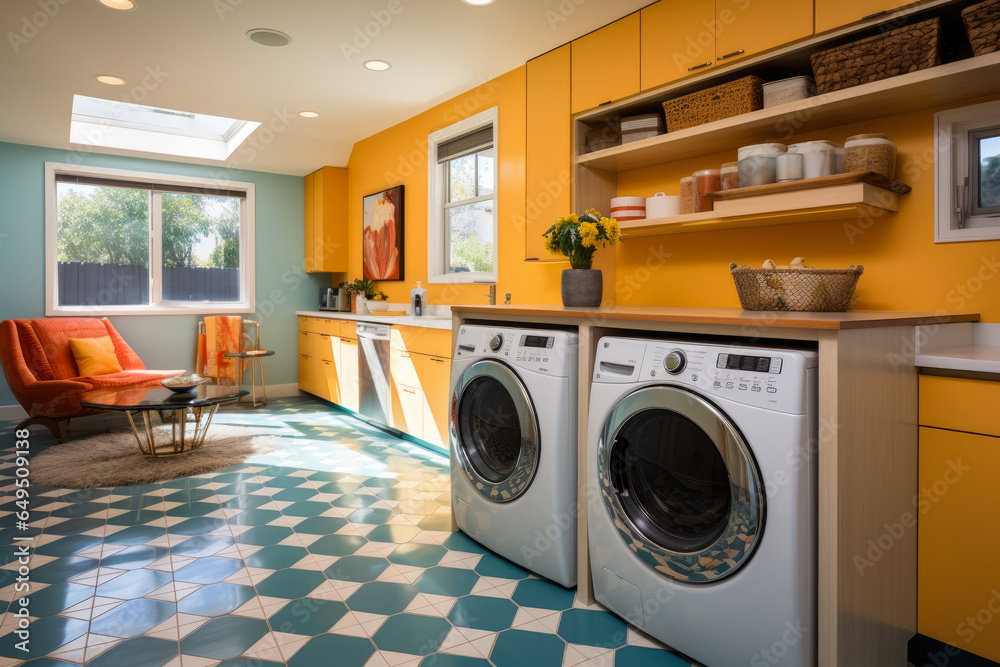 Step back in time to a vibrant mid-century modern laundry room adorned ...