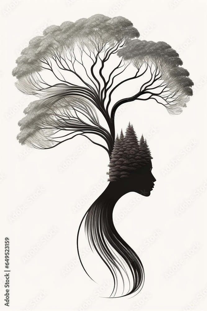 A drawing of a beautiful woman merging with a stylized tree. Generative ...