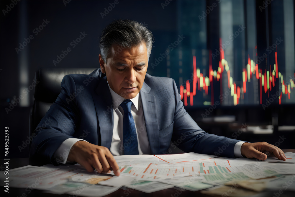 Economic collapse concept, businessman with falling financial graph ...