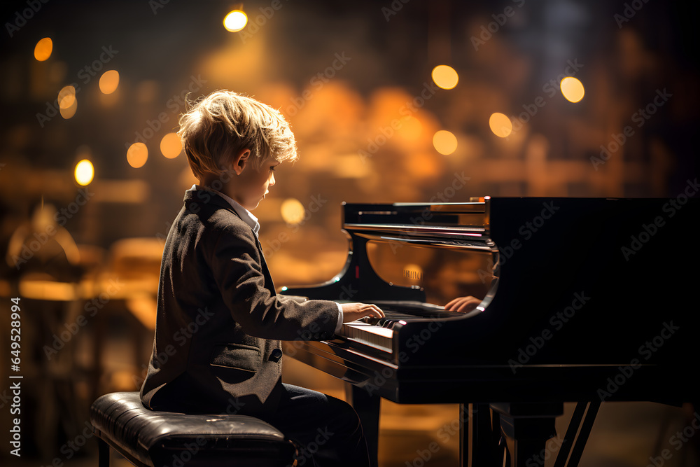 A cute kid boy pianist is sitting on the stool playing piano on stage ...