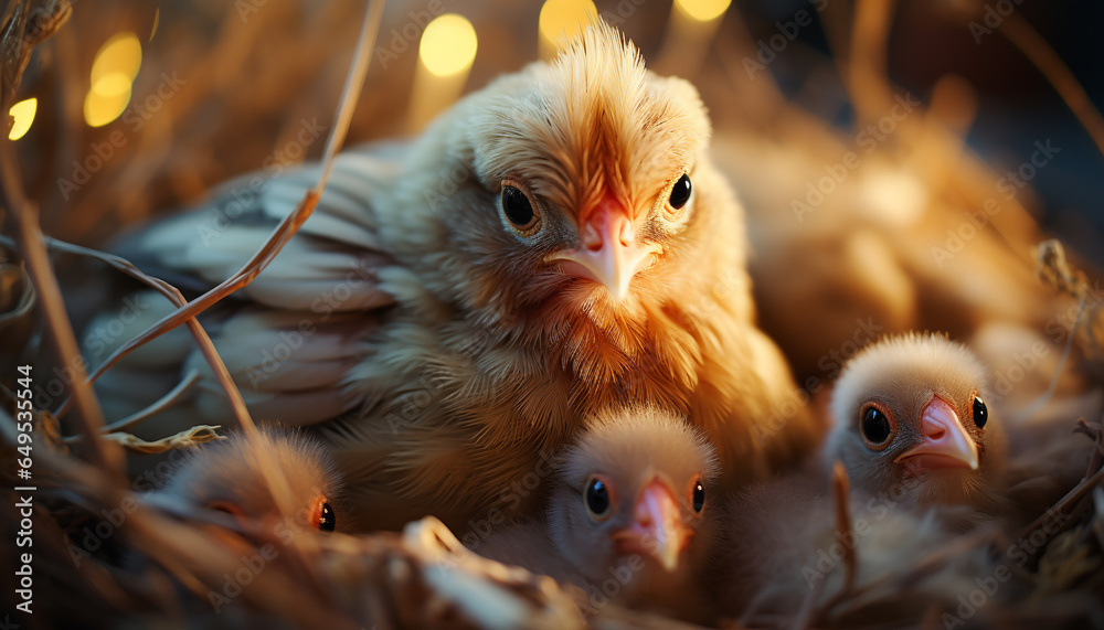 Cute baby chicken hatching, nature new life on the farm generated by AI ...