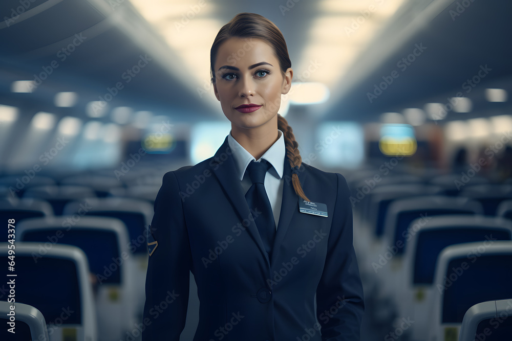 a caucasian woman working as flight attendant. Female airplane ...