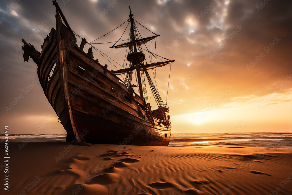 wood old sailing ship stranded in the middle of desert at sunset, moon ...