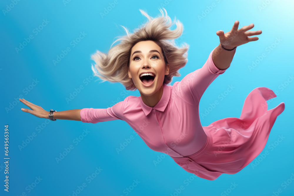Woman gracefully soars through air wearing vibrant pink dress. This ...