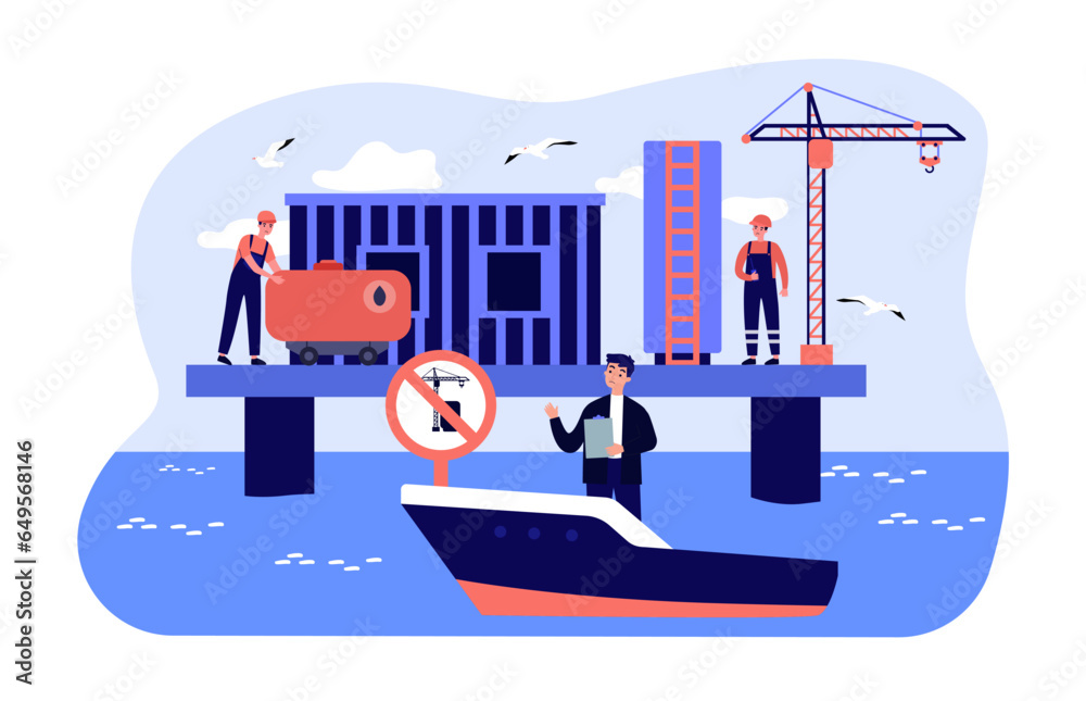 Man on boat prohibiting deep-sea mining vector illustration. Drawing of ...