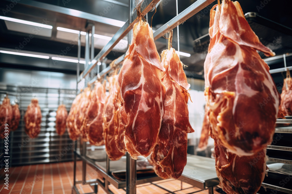 Meat processing plant. Hanging meat in the production hall. The arrival ...