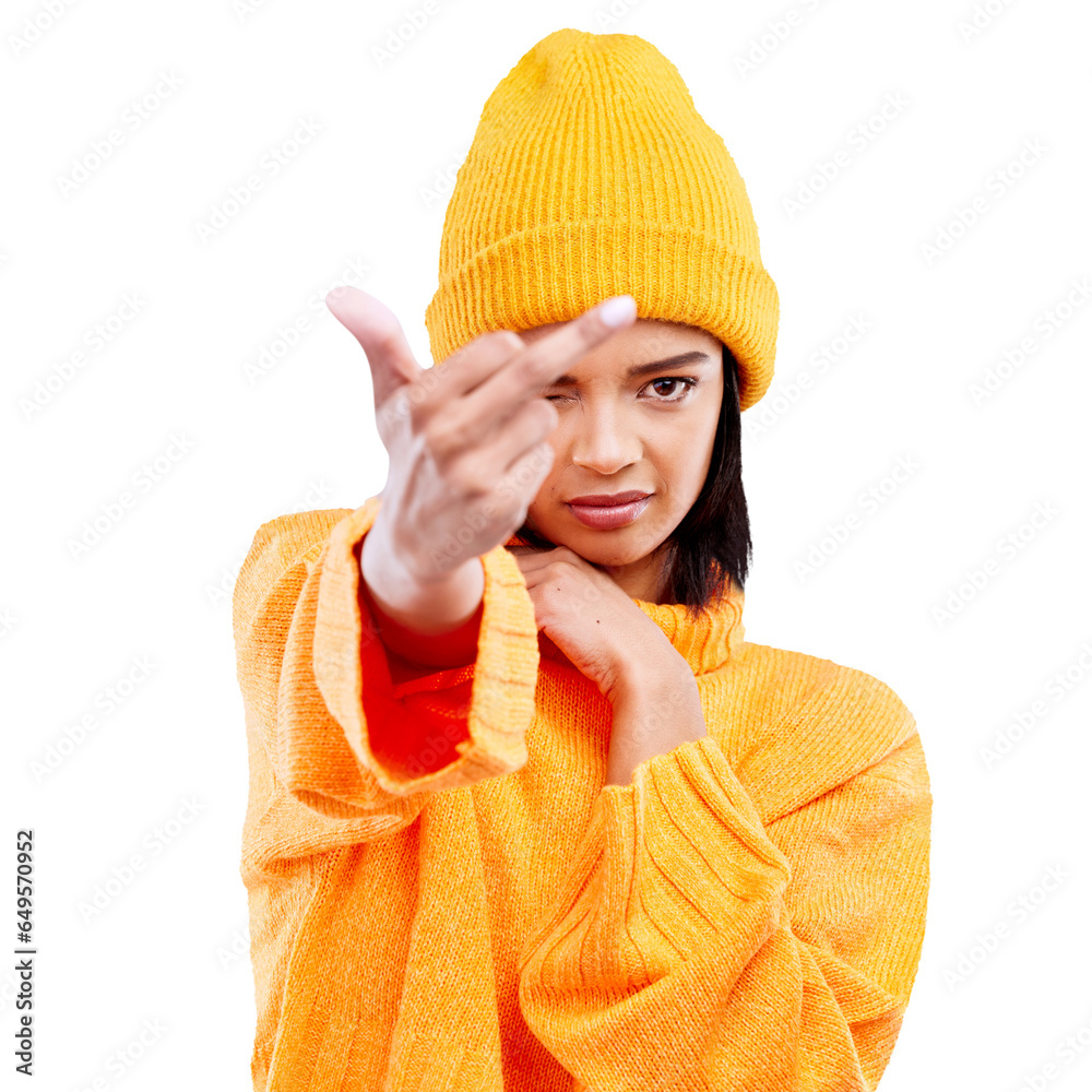 Portrait, angry hand sign and rude woman wearing a yellow beanie for ...
