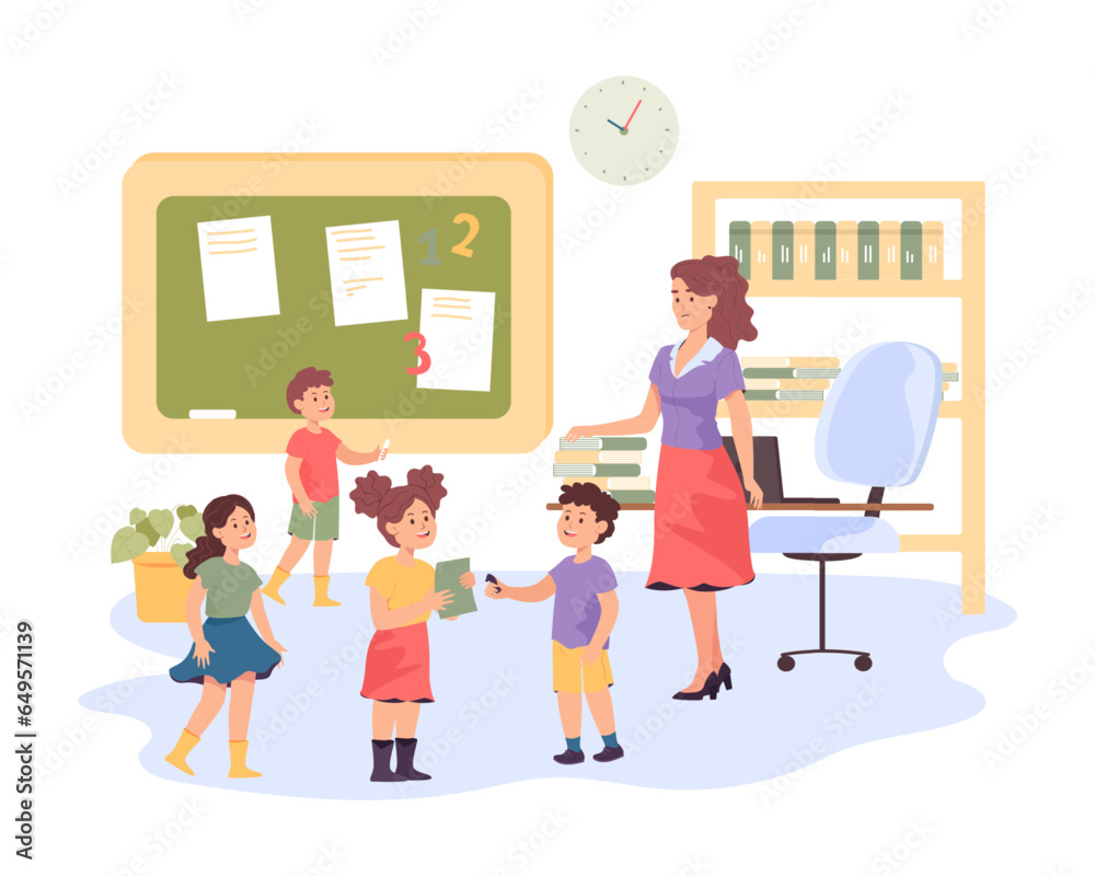 Tired teacher in classroom with students vector illustration. Cartoon ...