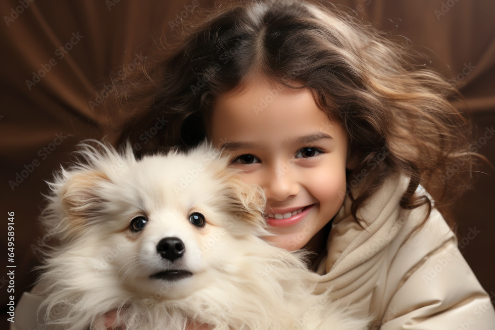 Portrait of cute kid girl with hug a fluffy puppy with love and ...