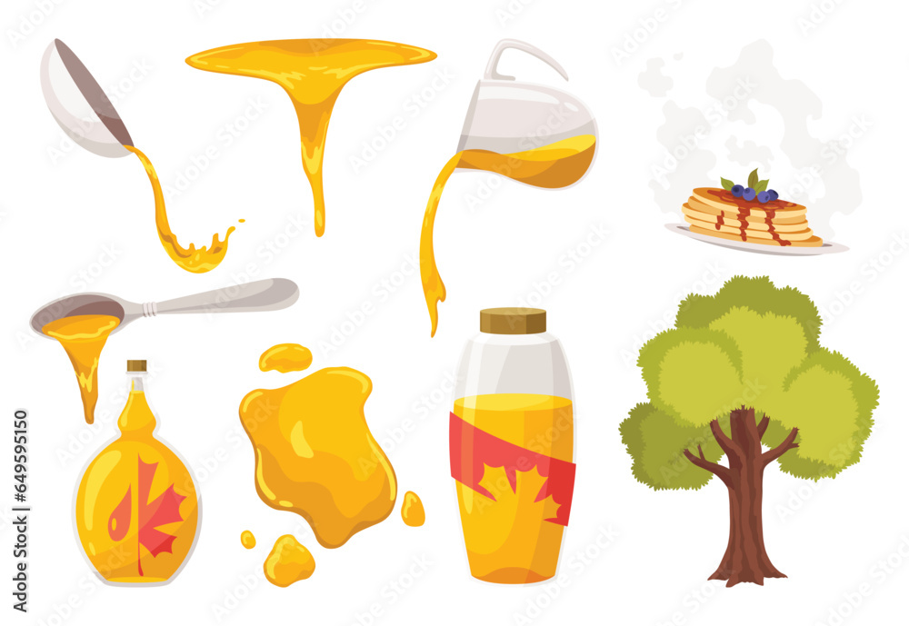 Maple syrup icon set. Product in bottle, droplet and flowing nectar ...