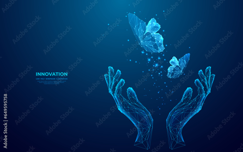 Abstract hands of a woman carefully holding butterflies that fly up ...