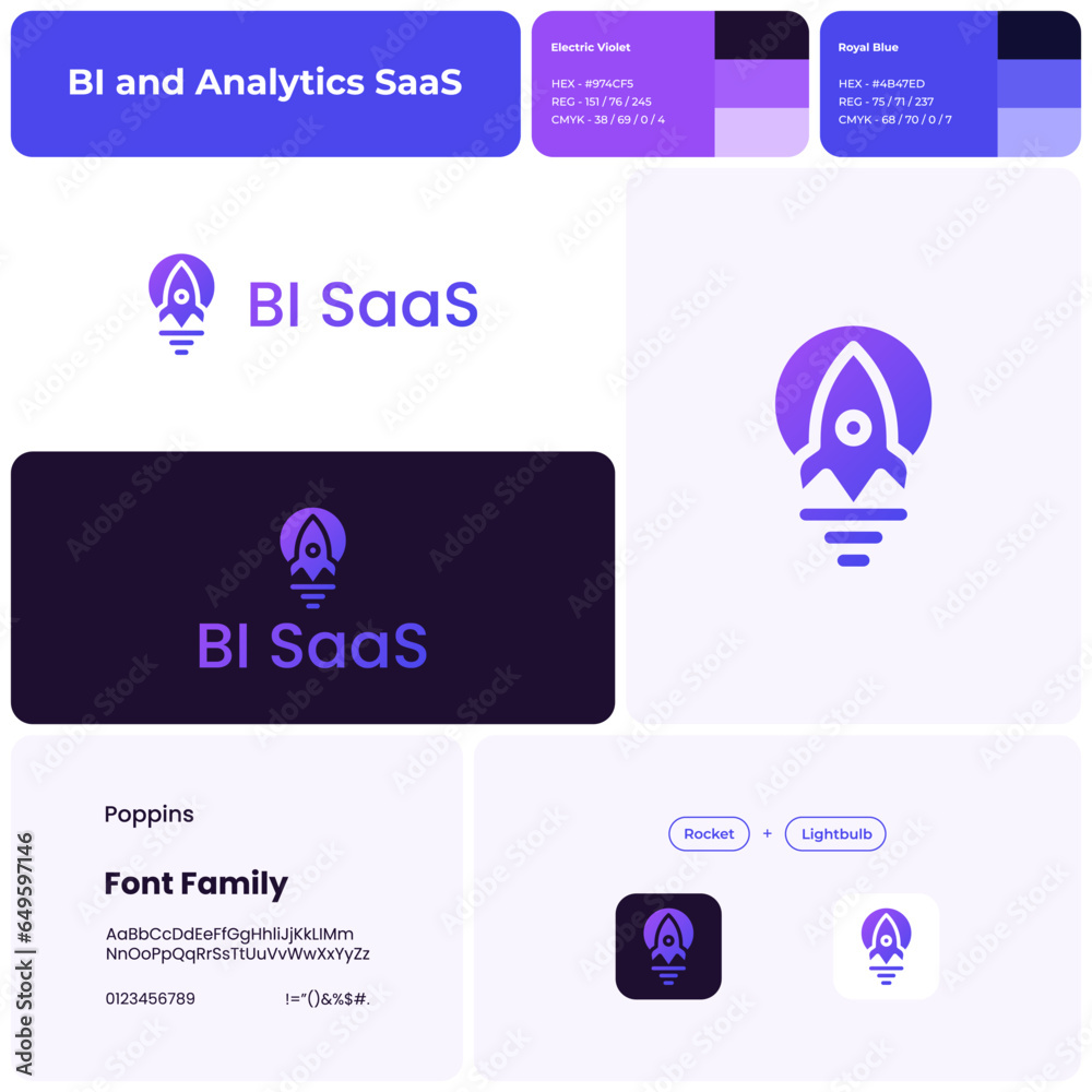 2D BI and analytics SaaS unique business logo with brand name. Rocket ...