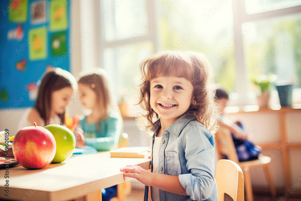 Portrait of a smiling kid girl in classroom of kindergarten school ...
