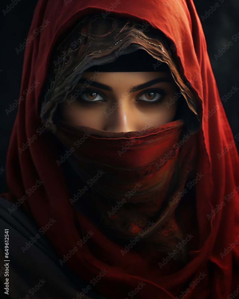 portrait of warrior Muslim woman in battle dress with hijab and burqa ...