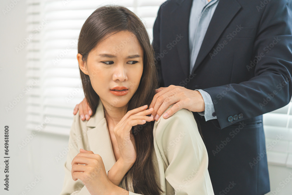 Disgusted asian young employee, pressure business woman uncomfortable ...