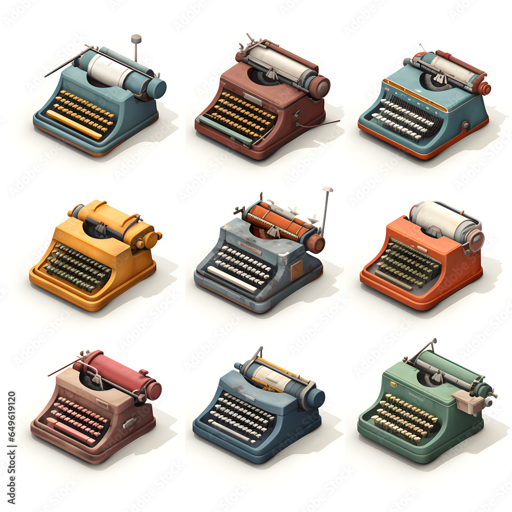 pattern of different types vintage typewriters, front view, light ...